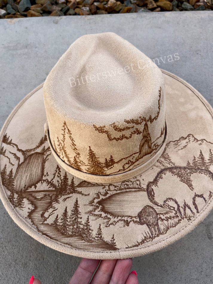 Yellowstone national park burned beige suede wide brim rancher hat ...
