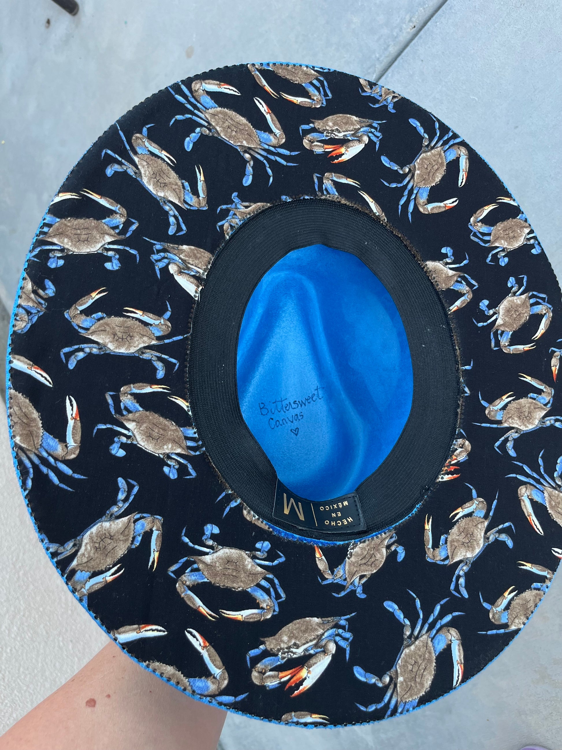 Jellyfish blue crab beach fabric lined suede wide brim rancher hat ...